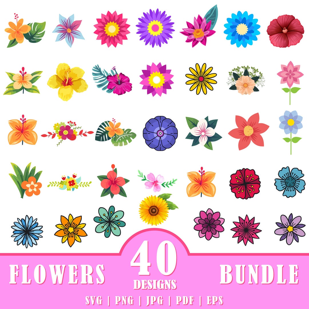 40 Flower Svg, Flower Bundle Svg, , Flower and Leaves Clip Art, Flower ...
