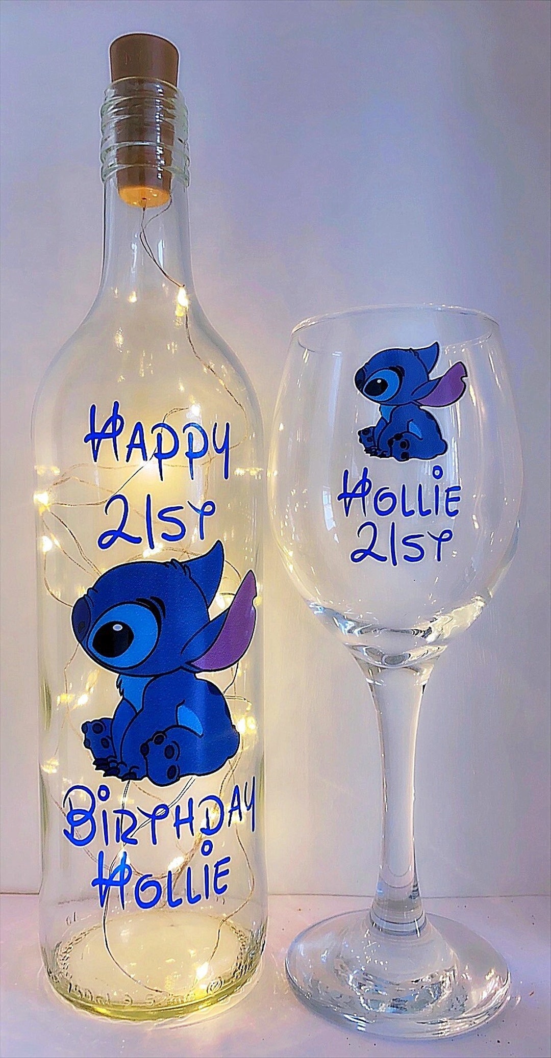 Lilo Stitch Personalised Light up Bottle Wine Glass Set 16th 18th 21st ...
