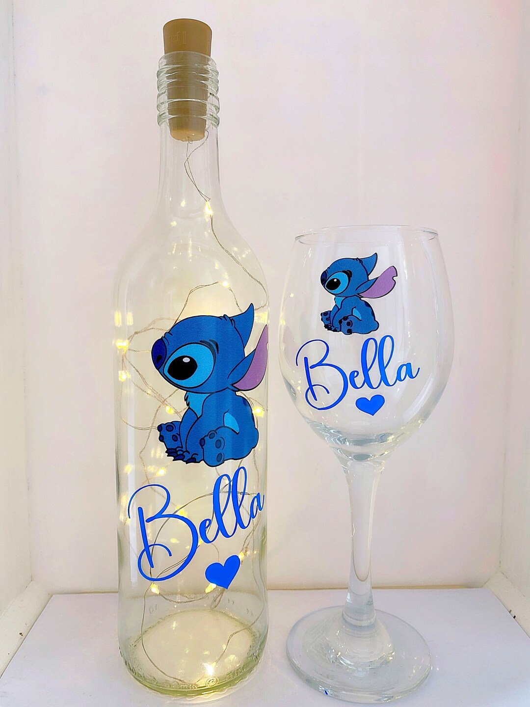 Lilo Stitch Personalised Light up Bottle Wine Glass Set 16th 18th 21st ...