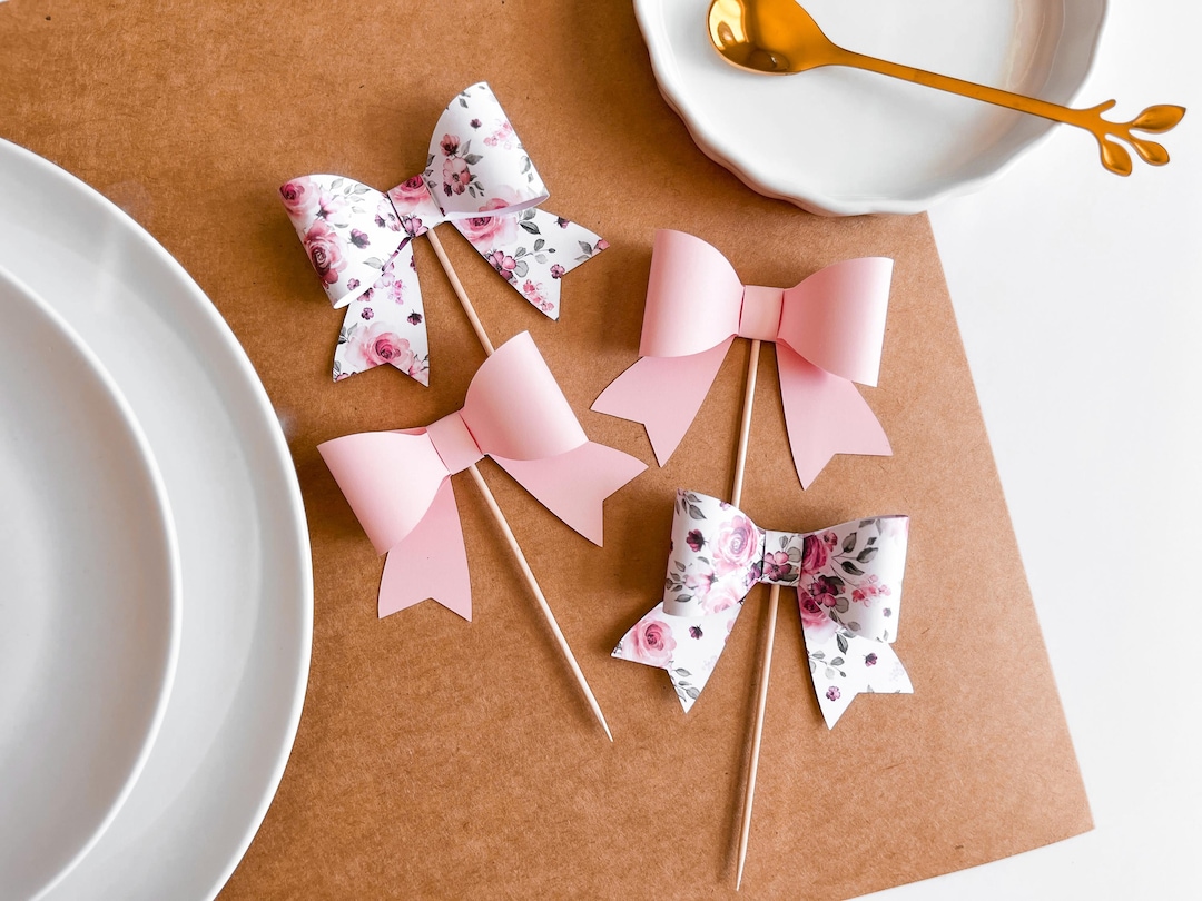 Pink Rose Bow Cupcake Toppers Set of 12, Floral Ribbon Cake Topper ...