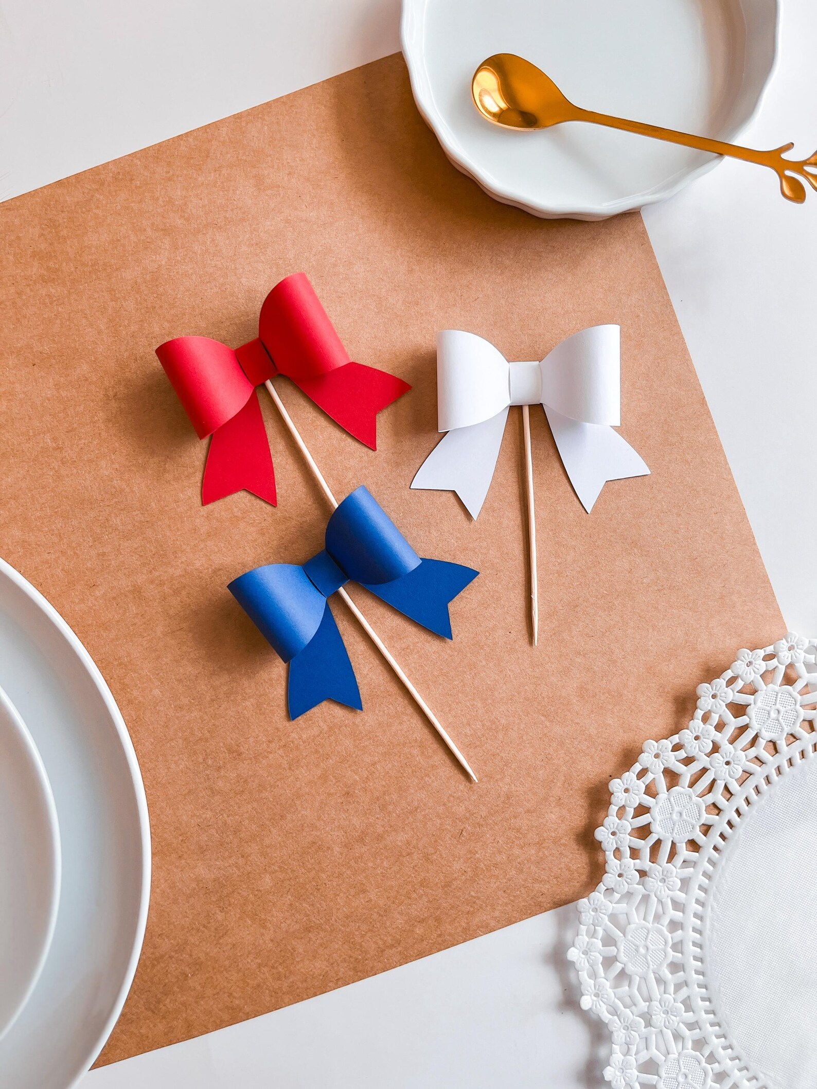 Red White and Blue Cupcake Topper Bows, Ribbon Cake Toppers, Patriotic ...