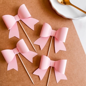 Pink Bow Cupcake Toppers Set of 12, Ribbon Cake Topper, Baby in Bloom ...
