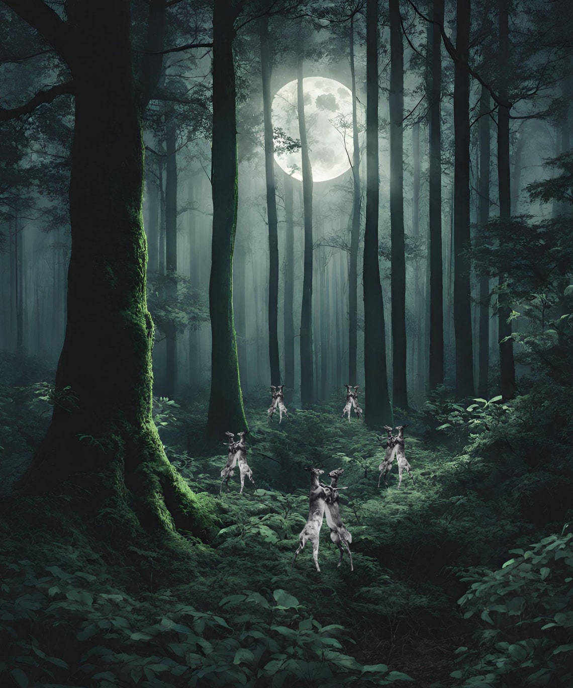 Dark Forest Animals Witchy Digitial Prints, Coven of Deer Dancing Under ...