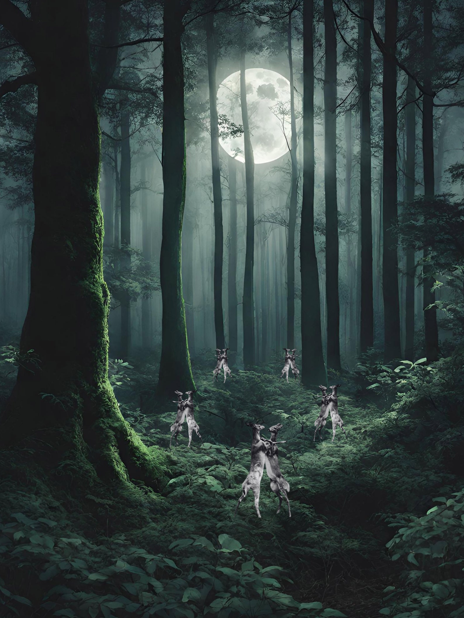 Dark Forest Animals Witchy Digitial Prints, Coven of Deer Dancing Under ...