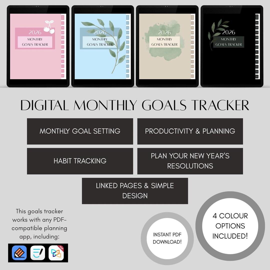 2026 Monthly Goals Tracker | Digital Planner | Minimal Monthly Planner ...