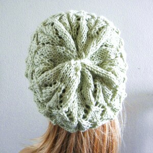 Lacy Beret Slouchy Hat Hand Knit in Pale Light Green Soft Fine Pure ...