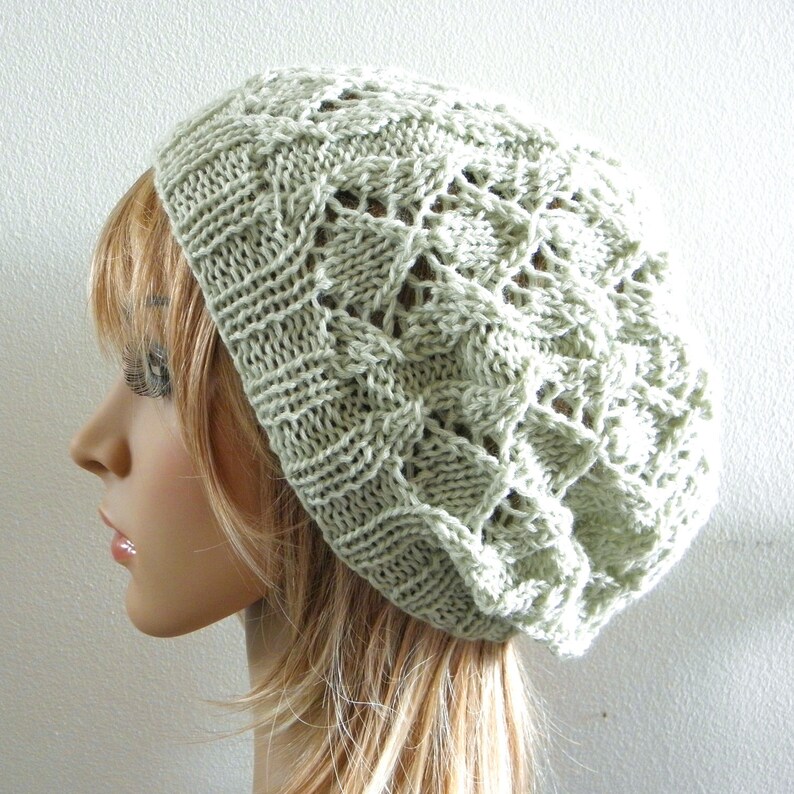 Lacy Beret Slouchy Hat Hand Knit in Pale Light Green Soft Fine Pure ...