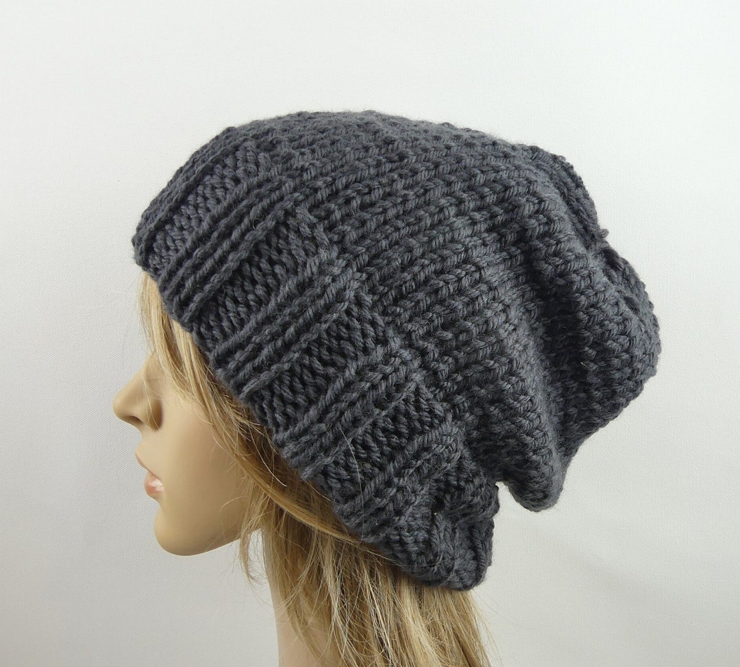 Hand Knit Slouchy Oversized Hat Dark Grey Beanie Luxury Chunky Bulky ...