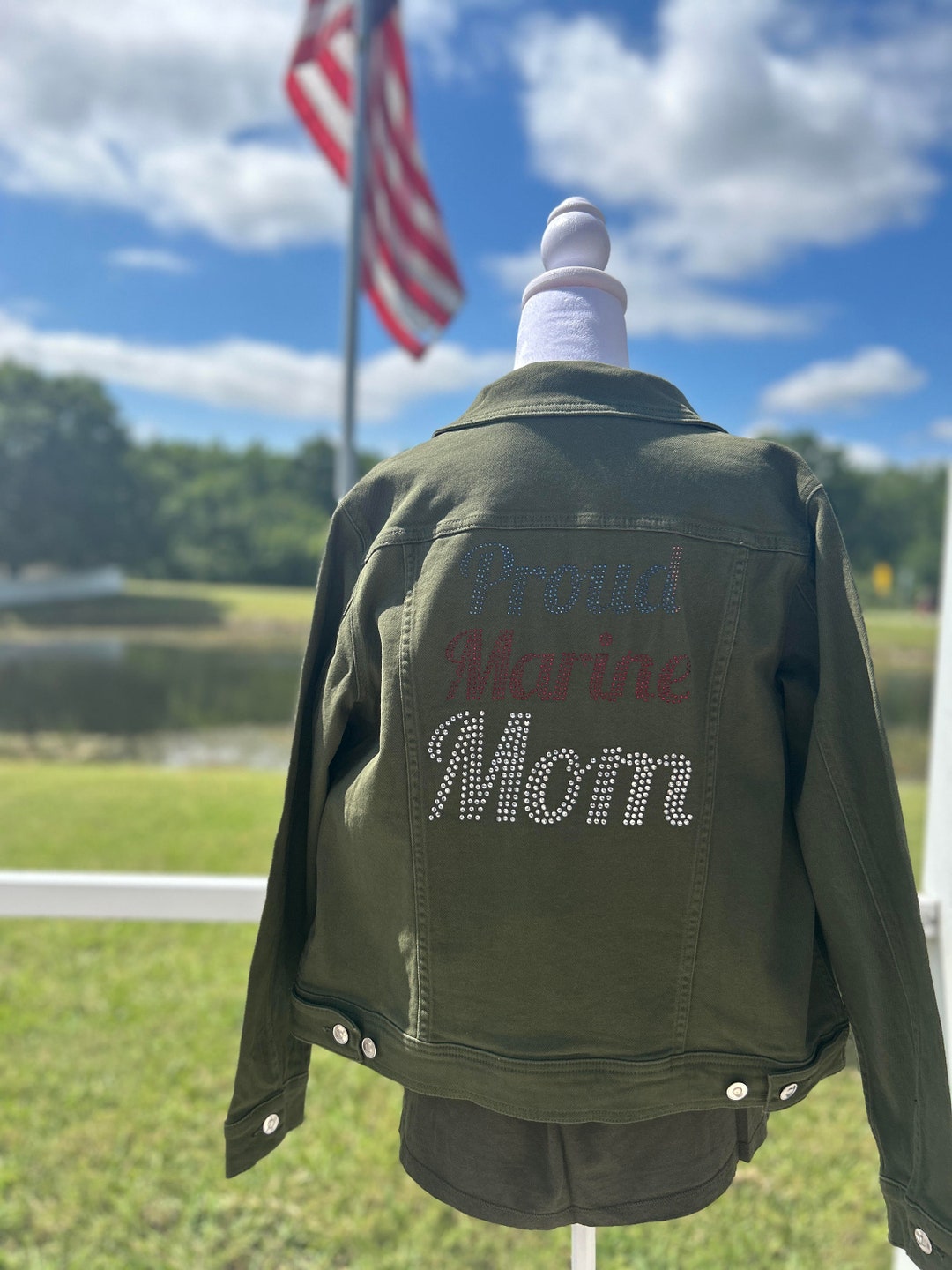 Custom Cropped Military Mom Denim Jacket, Glittering Rhinestones, Red ...