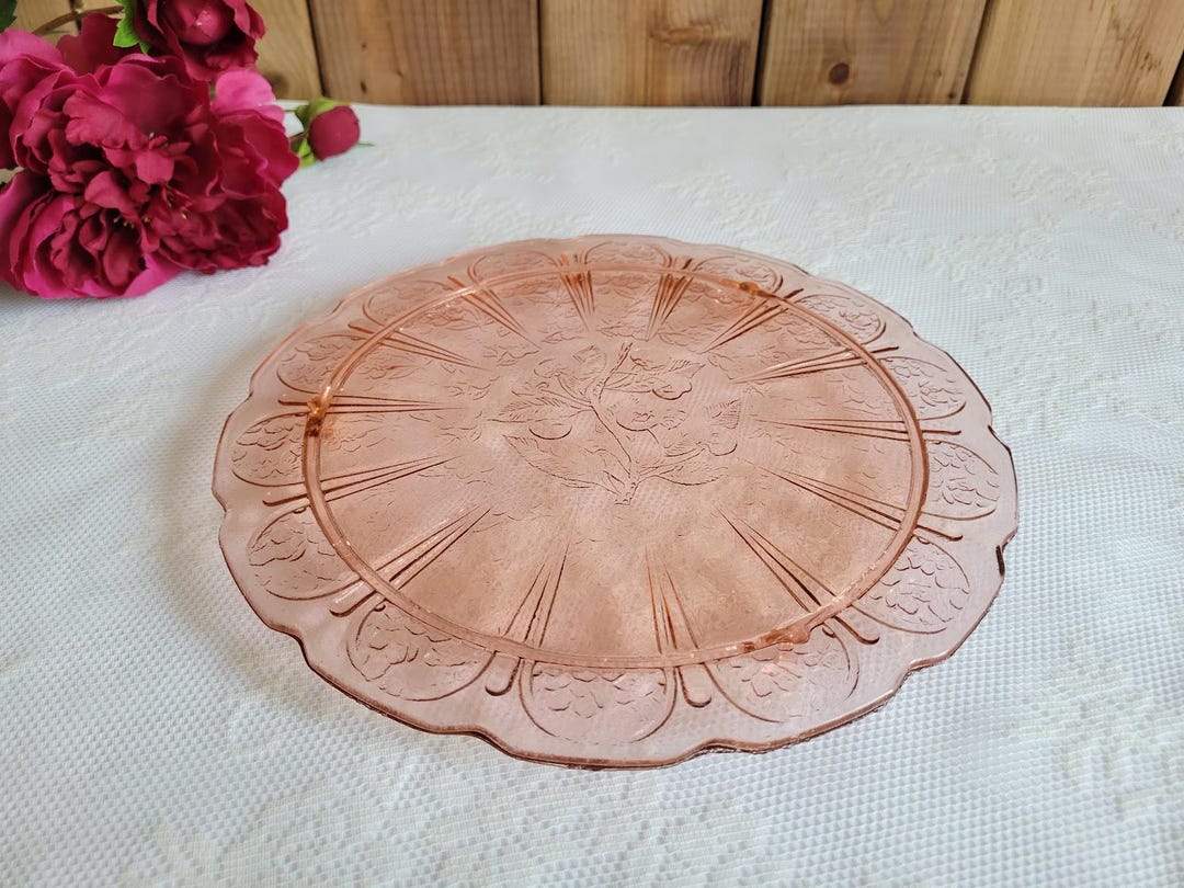 Cherry Blossom Pink Depression Glass Cake Plate - Footed Pink Cake ...