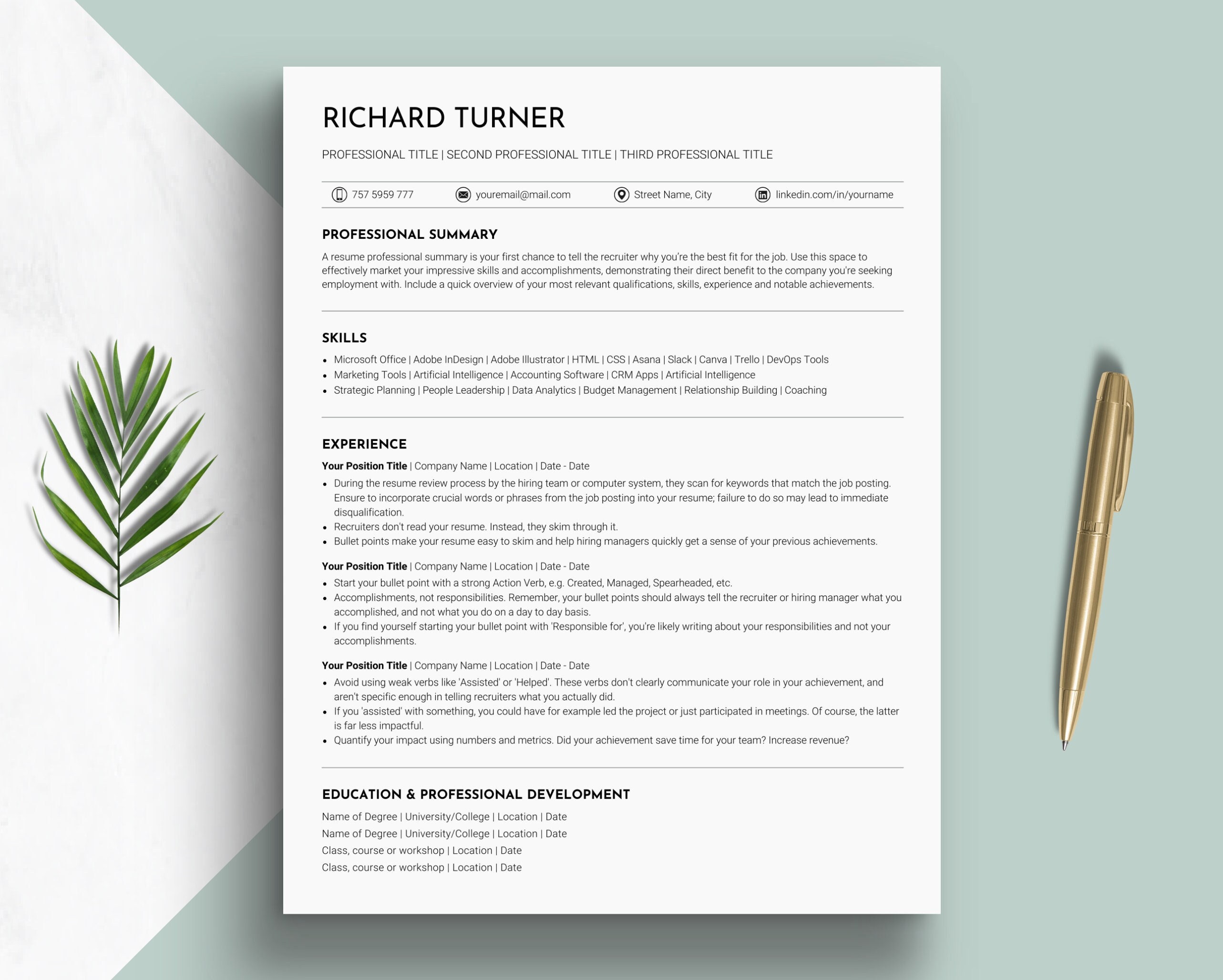 Single Page Resume Template Compact Professional Job Application ...
