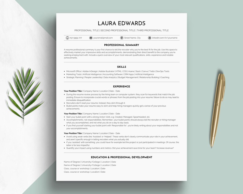 One Page CV Template ATS Friendly Resume Job Application Modern Canva ...