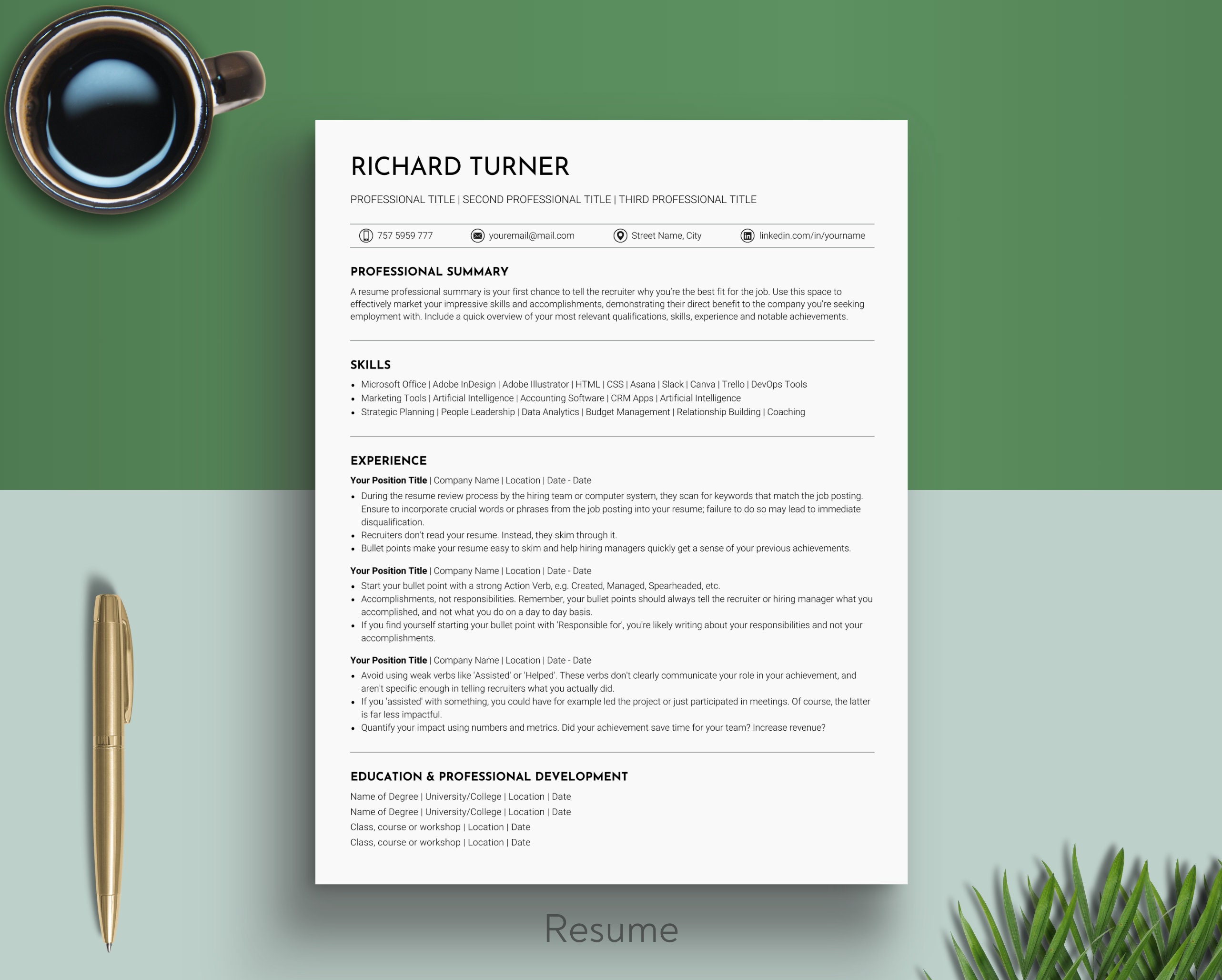 Single Page Resume Template Compact Professional Job Application ...