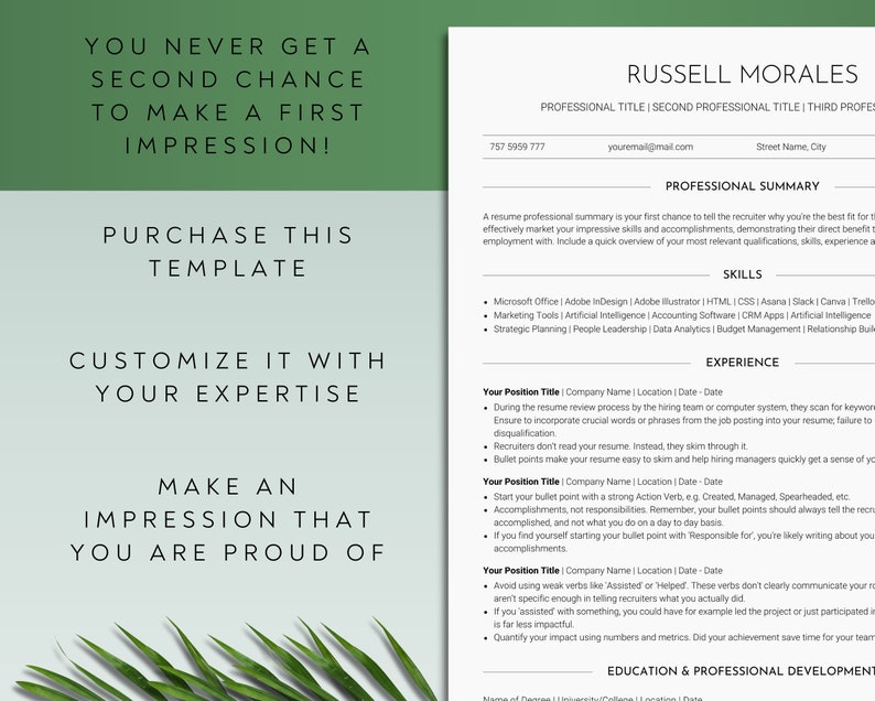 Canva Single Page Resume Template One Column ATS Compliant Compact Job ...