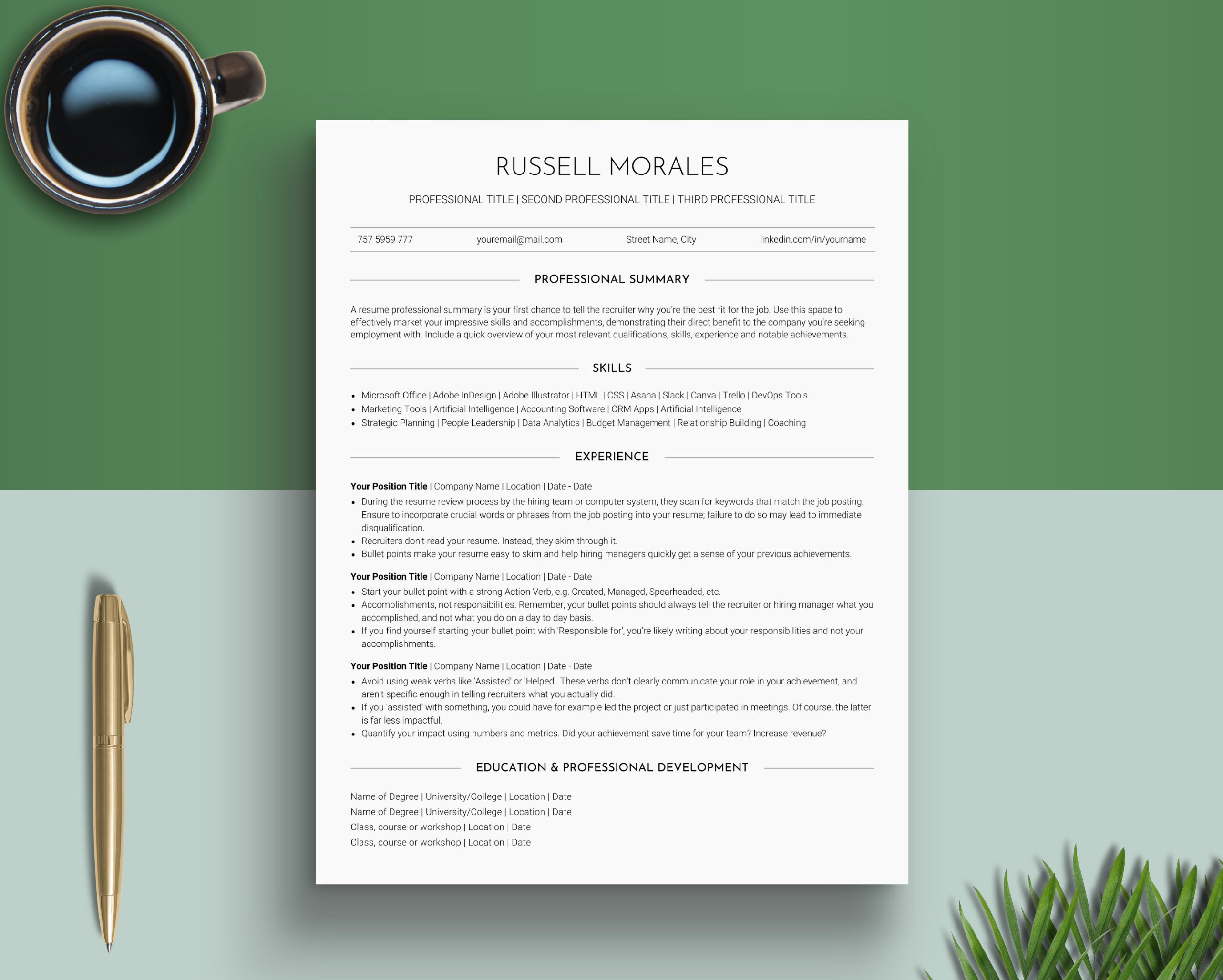 Canva Single Page Resume Template One Column ATS Compliant Compact Job ...
