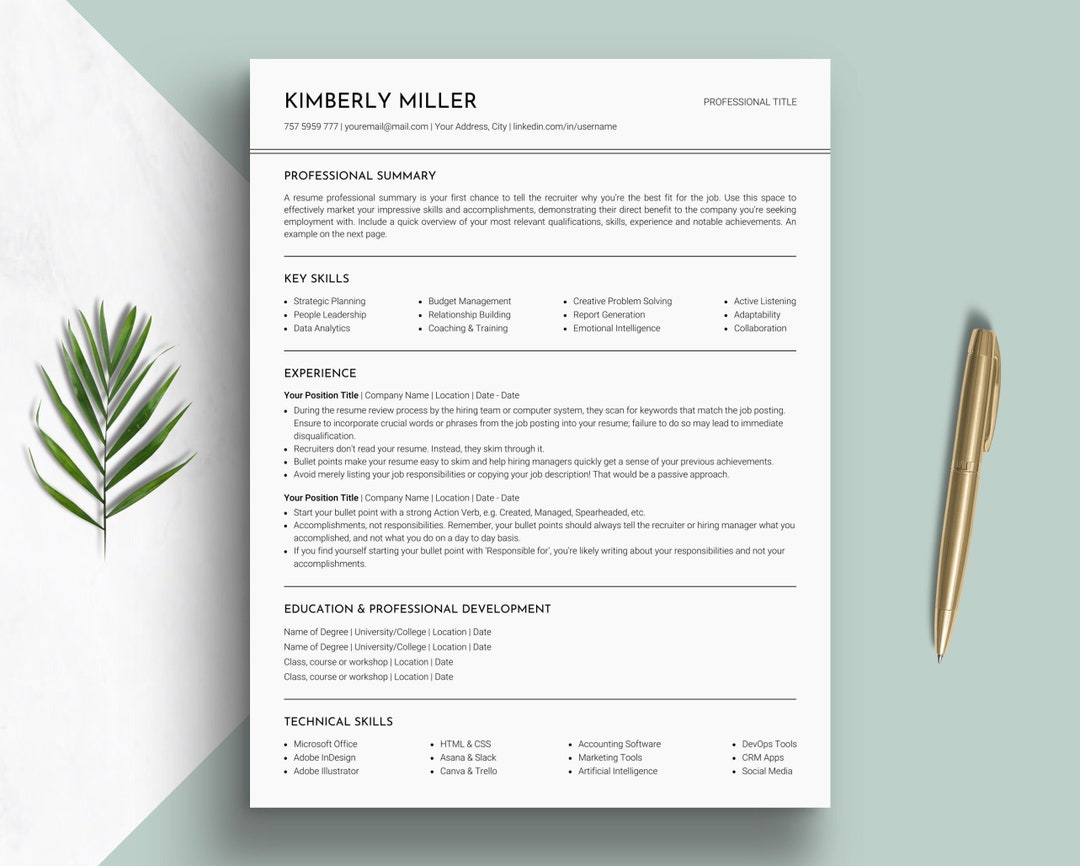 One Column ATS Compliant Resume Template Canva CV Curriculum Vitae ...