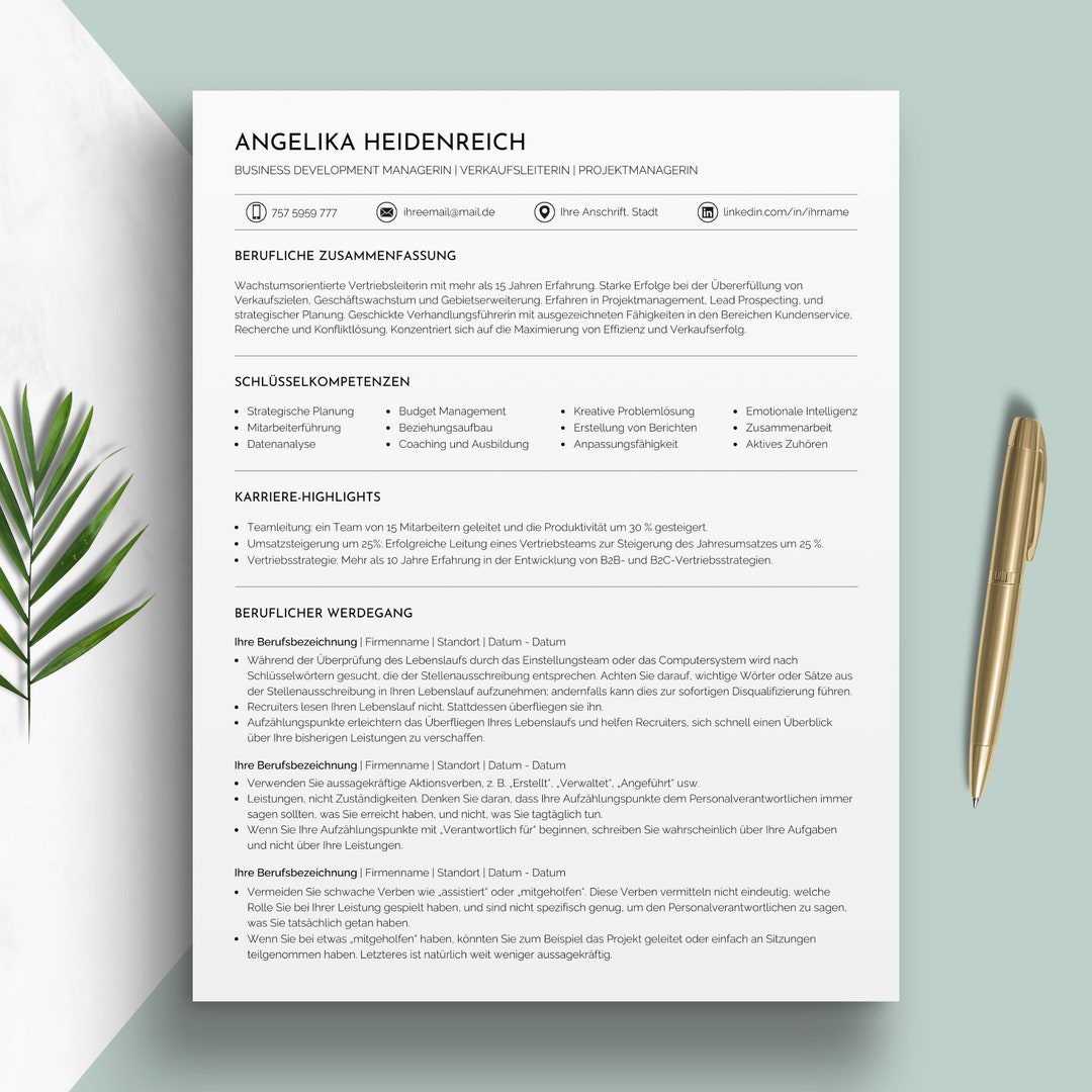 German Resume Template ATS Friendly Creative Canva Professional Modern ...