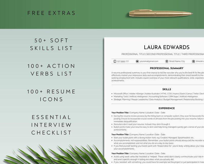 One Page CV Template ATS Friendly Resume Job Application Modern Canva ...