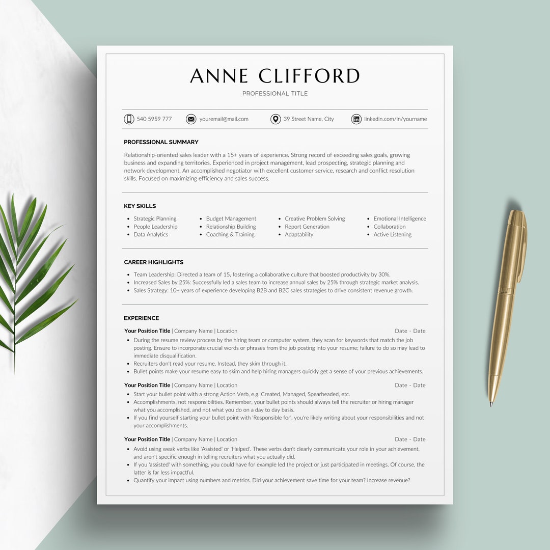 Creative ATS Compliant Resume Template Professional Canva CV Simple ...