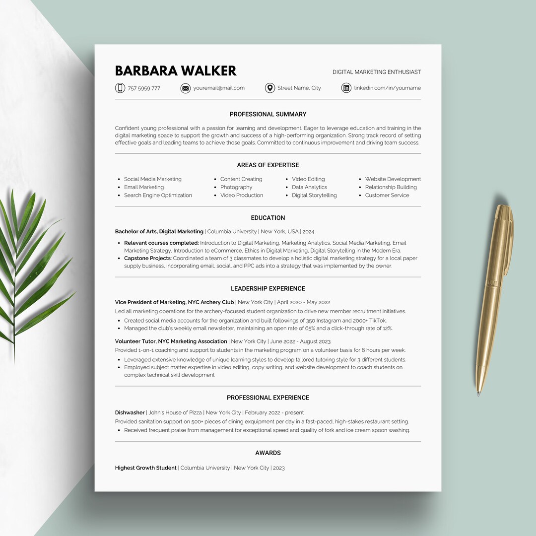 2024 Student Resume Template Entry Level Junior CV Template for Job ...