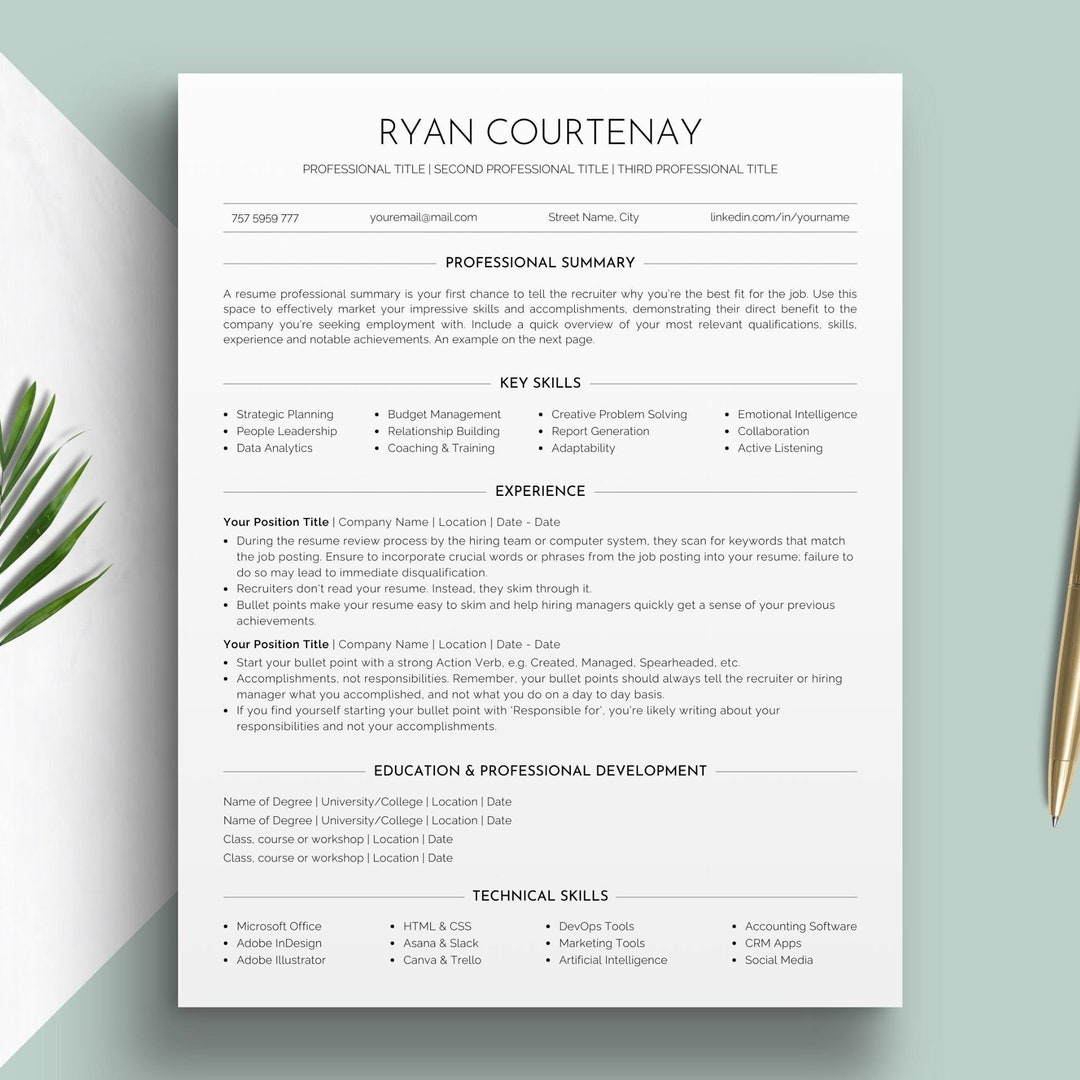 ATS Friendly Resume Template Professional CV Template With Cover Letter ...