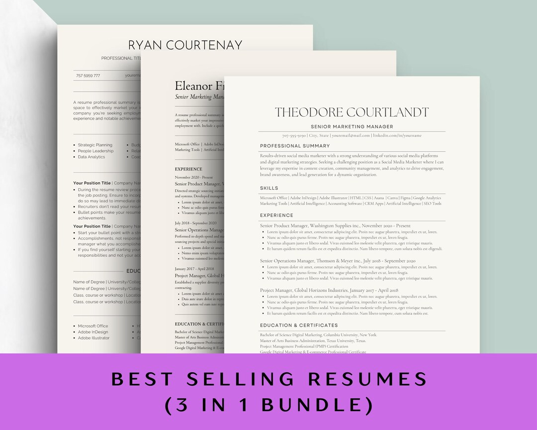 Resume Bundle 3 Best Selling Pack Single-column CV Cover Letter Modern ...
