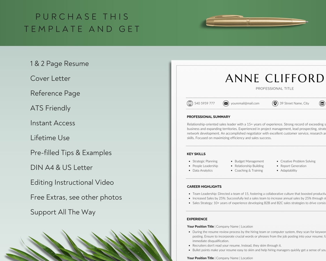Creative ATS Compliant Resume Template Professional Canva CV Simple ...