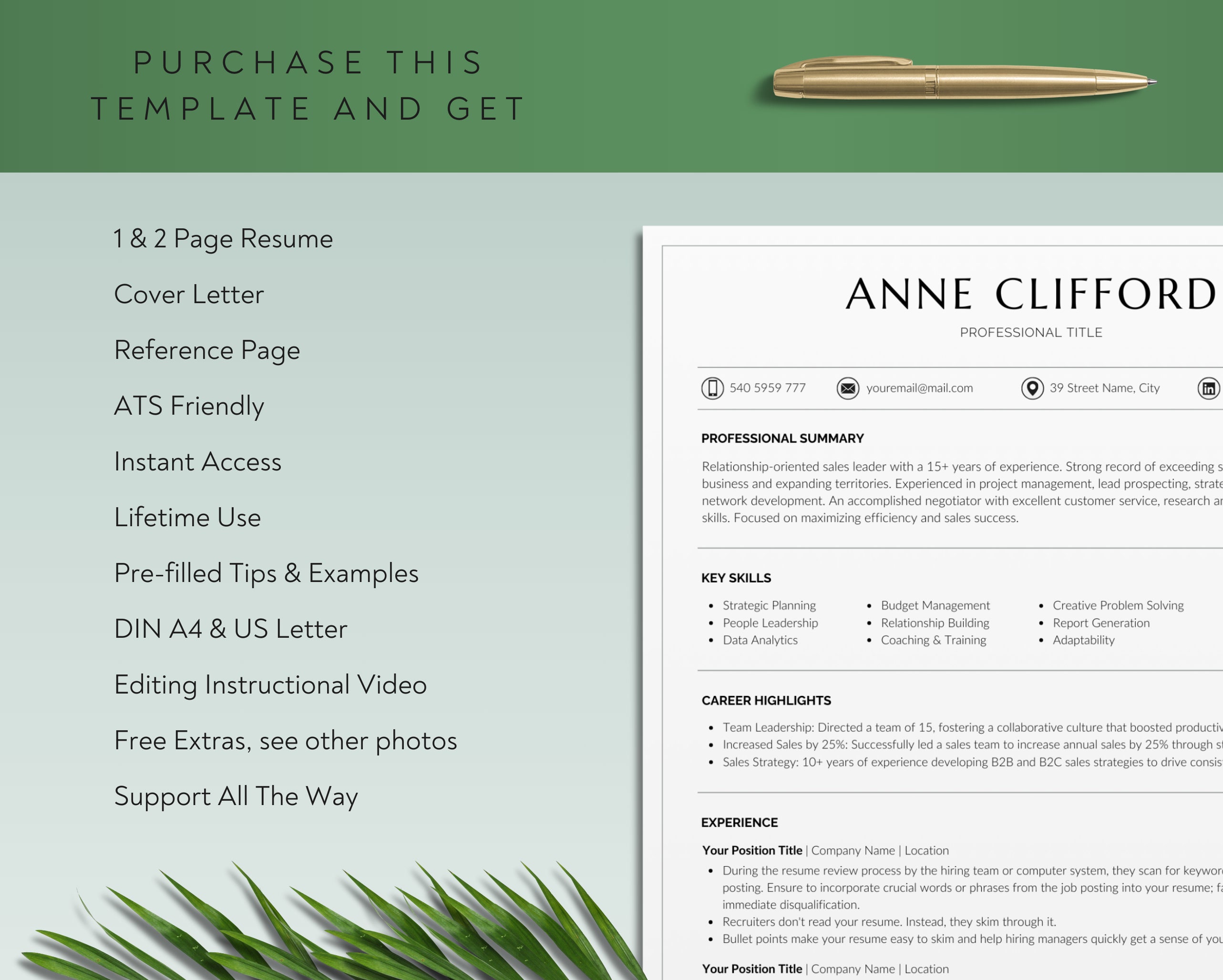 Creative ATS Compliant Resume Template Professional Canva CV Simple ...