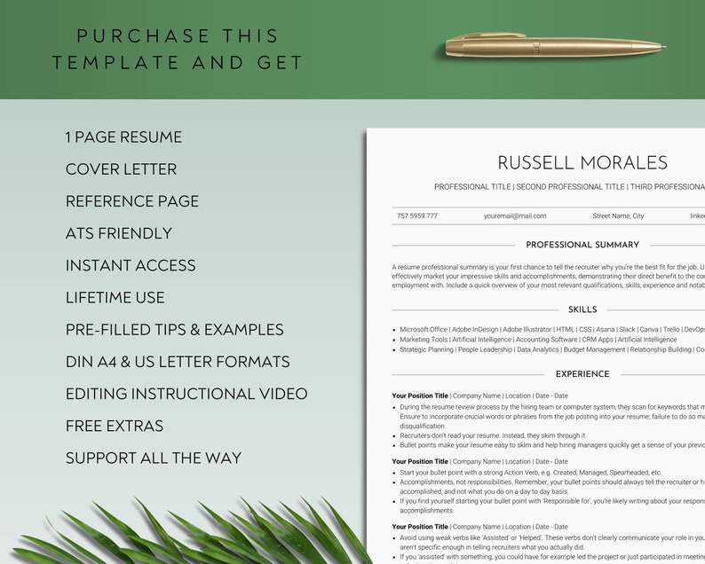 Canva Single Page Resume Template One Column ATS Compliant Compact Job ...