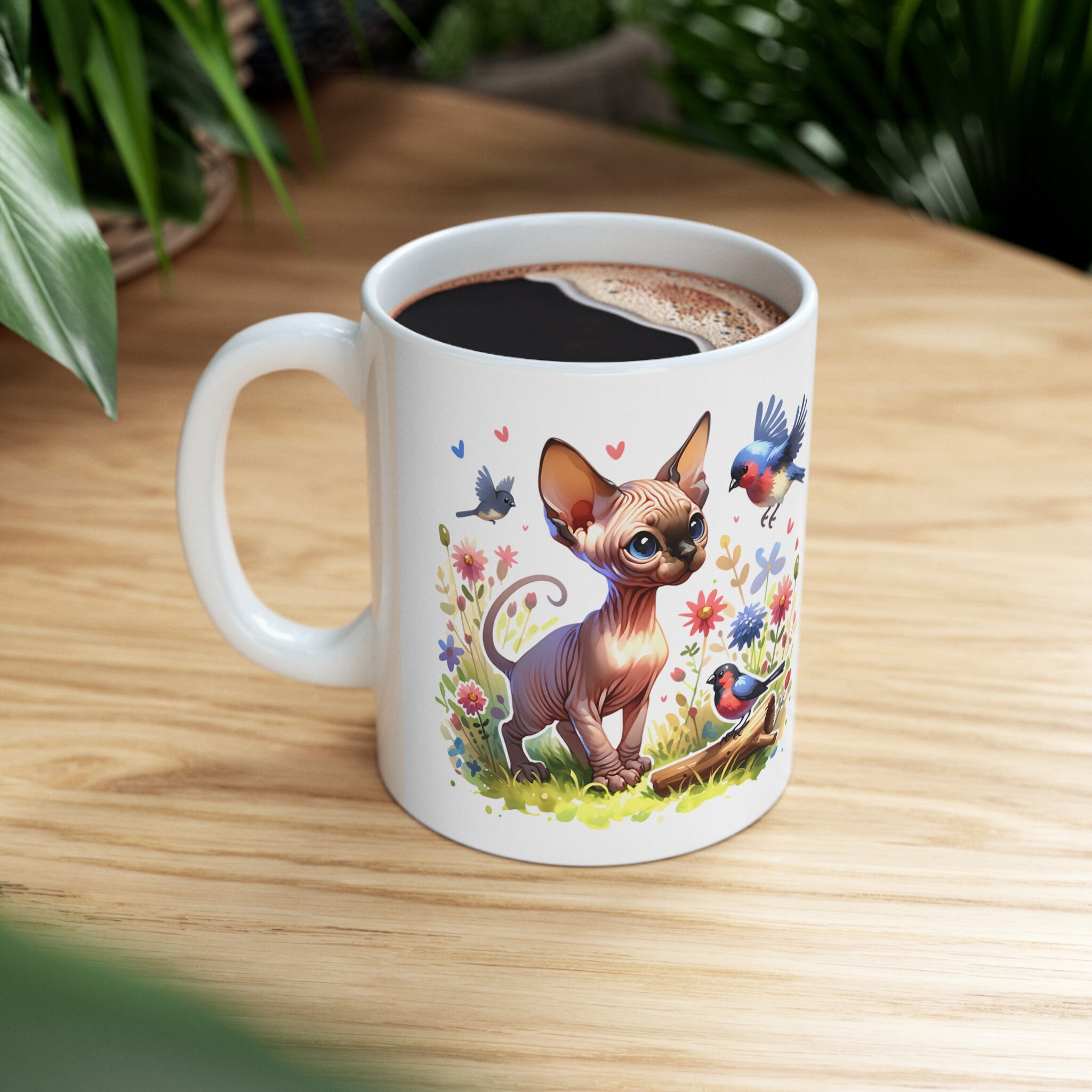 Cute Sphynx Cat Birdwatching Park Adorable Ceramic Cup for Cat Lovers ...