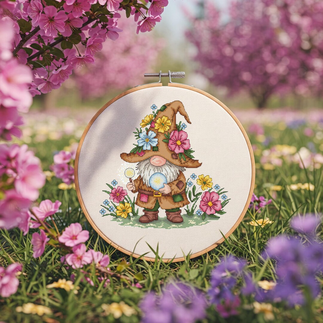 Spring Gnome Cross Stitch Pattern, Floral Hat (PDF Pattern) - Etsy