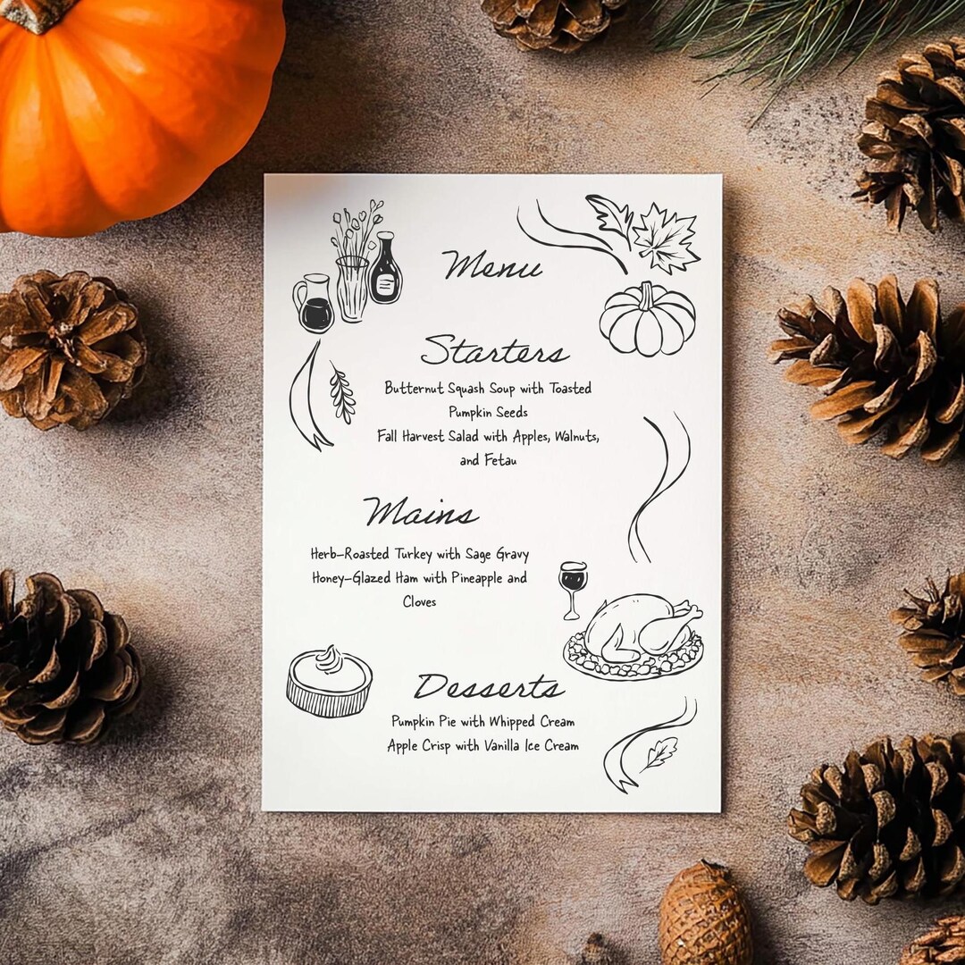 Editable Hand-drawn Thanksgiving Menu Template - Elegant Holiday Dining ...