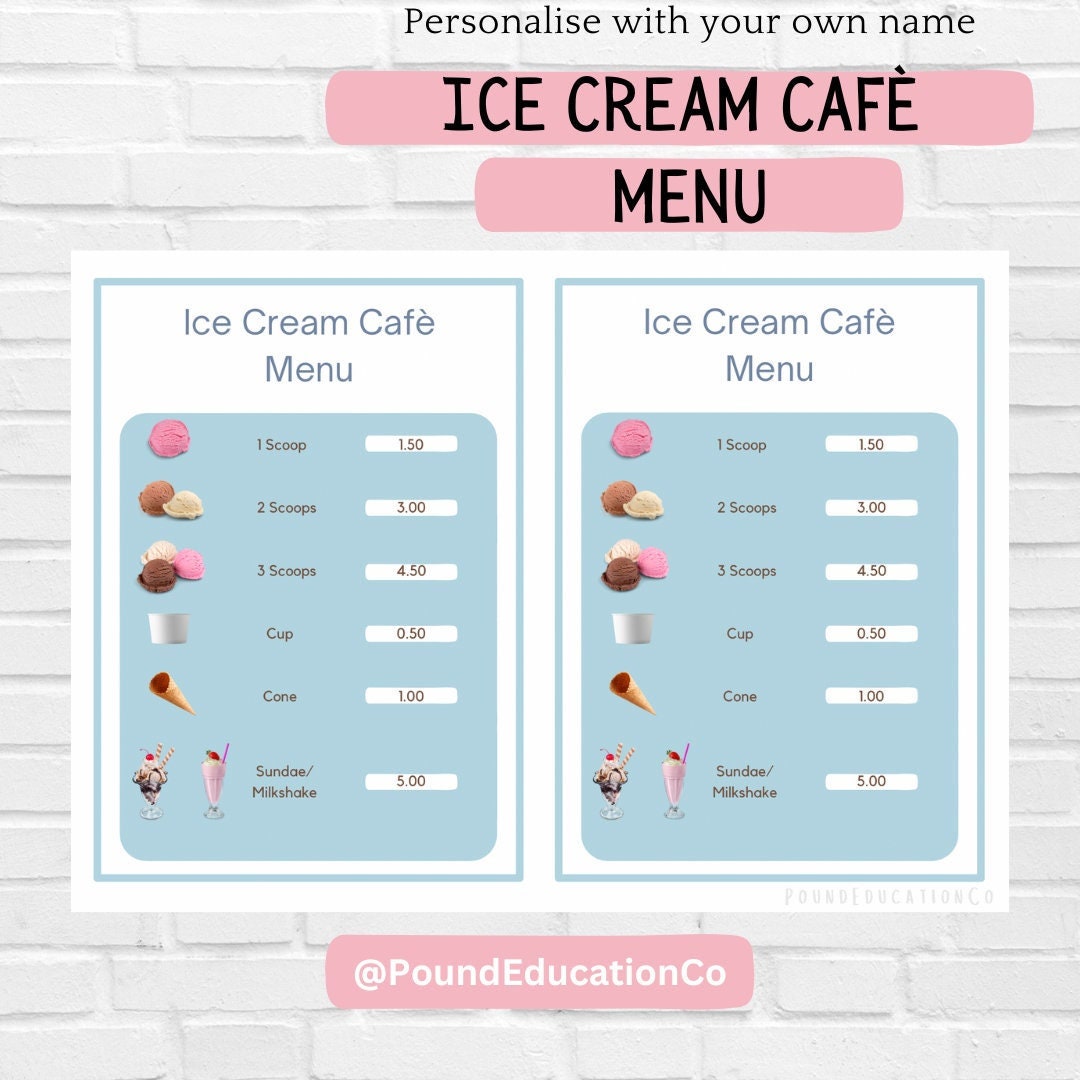 Personalised Ice Cream Cafe Menu, Role Play, Imaginative Play, Early ...
