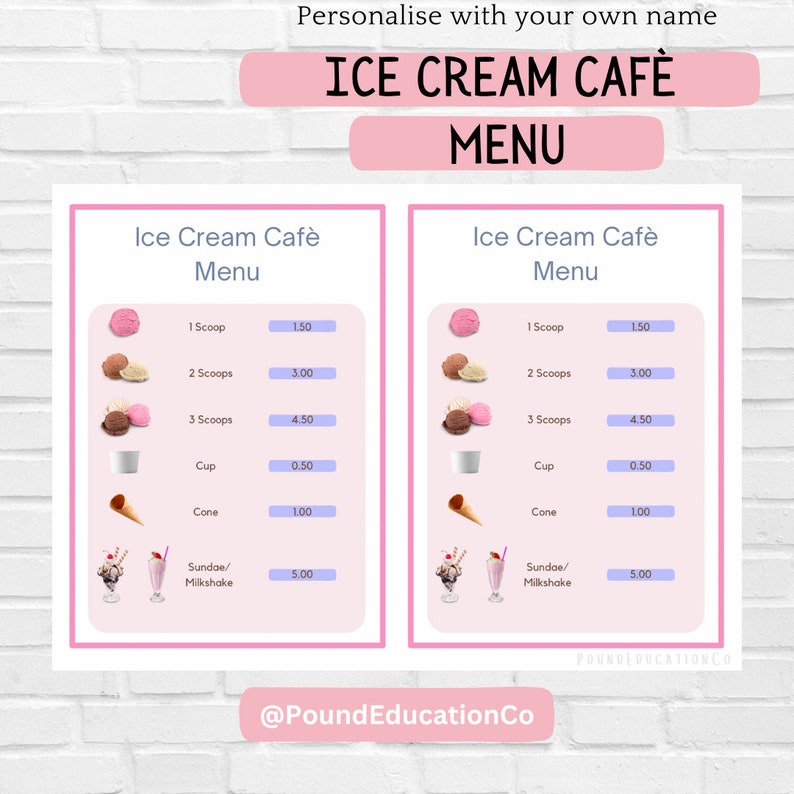 Personalised Ice Cream Cafe Menu, Role Play, Imaginative Play, Early ...