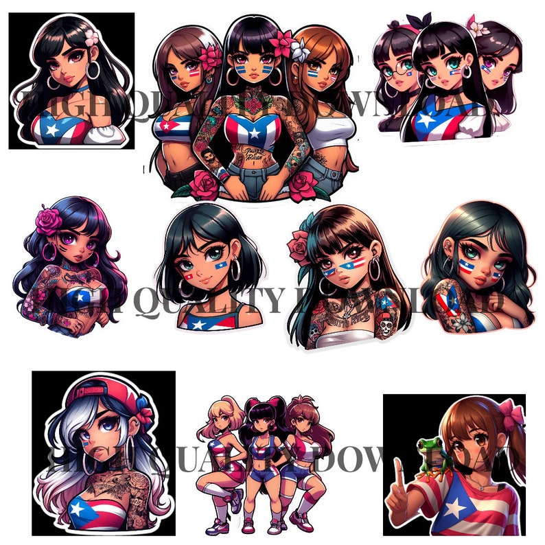10 Boricua Girls Stickers Puerto Rico, PNG of Female, Cartoon Character ...
