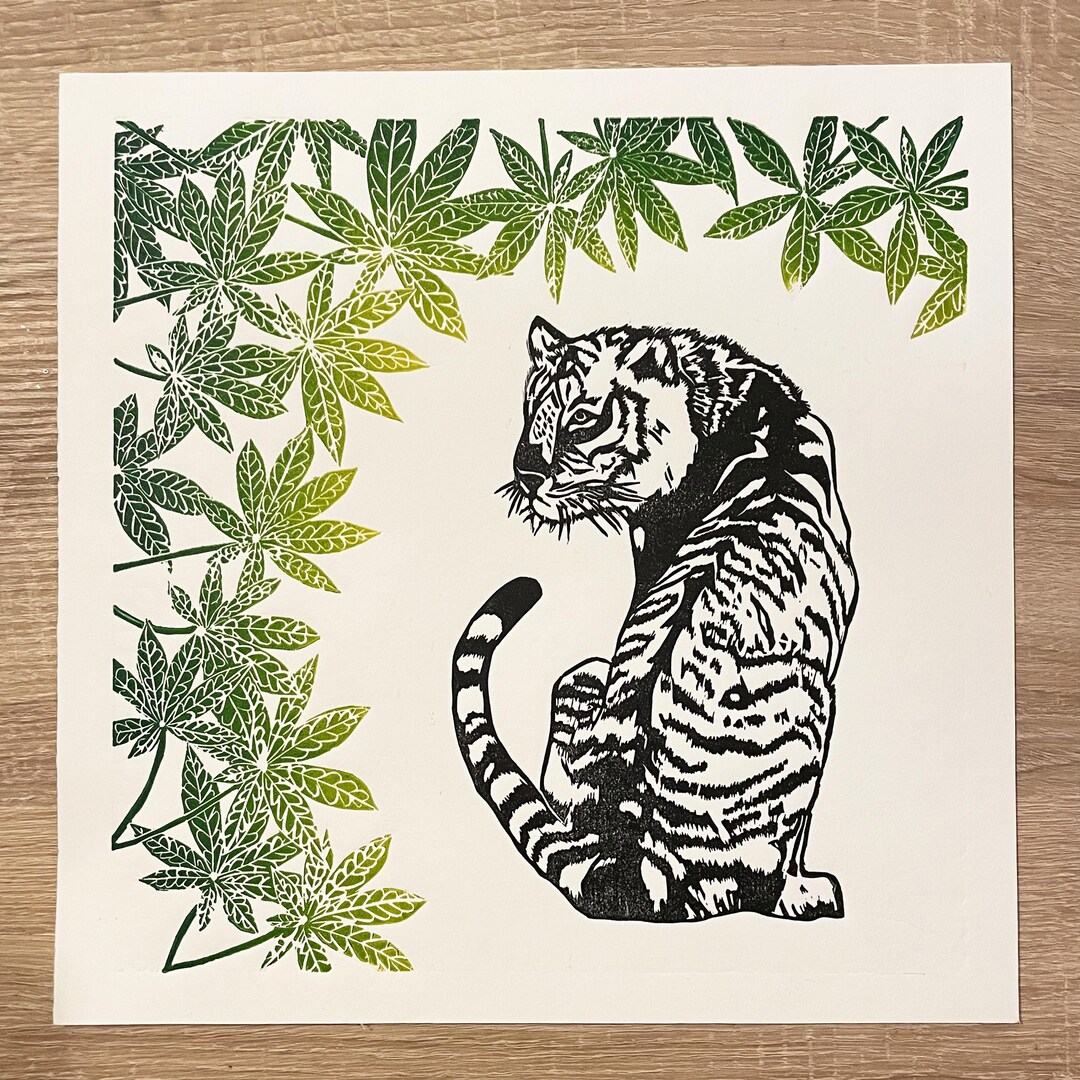 Linocut Tiger 30x30 Cm Green - Etsy