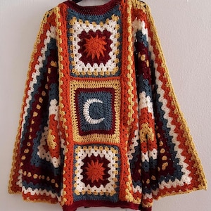 Celestial Vibe Custom Crochet Cardigan, Sun and Moon Granny Square Hexagon, Retro Handmade ...