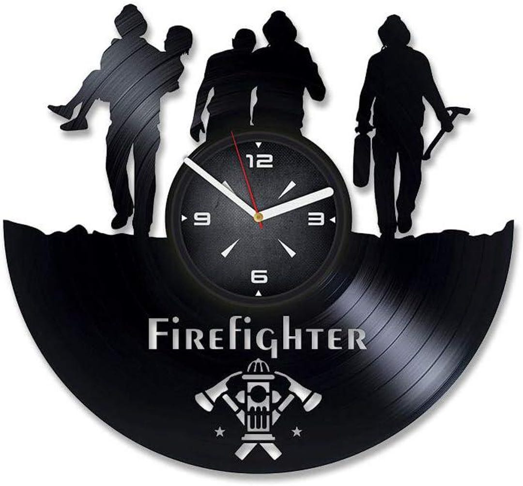 Firefighter Vinyl Record Clock, Fire Department Decor, Mens Office Wall ...