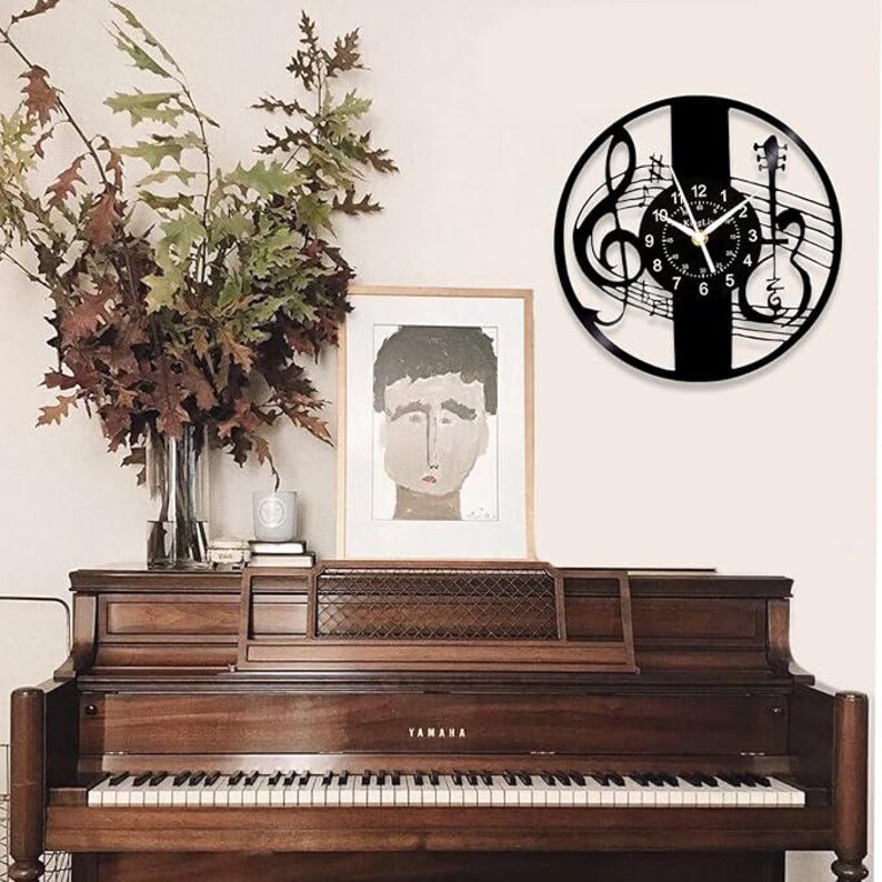 Musical Notes Vinyl Record Clock, Violin Wall Art, Music Bedroom Decor ...