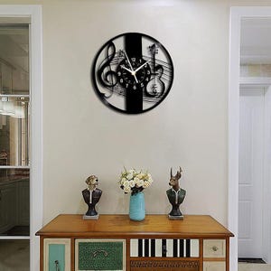 Musical Notes Vinyl Record Clock, Violin Wall Art, Music Bedroom Decor ...