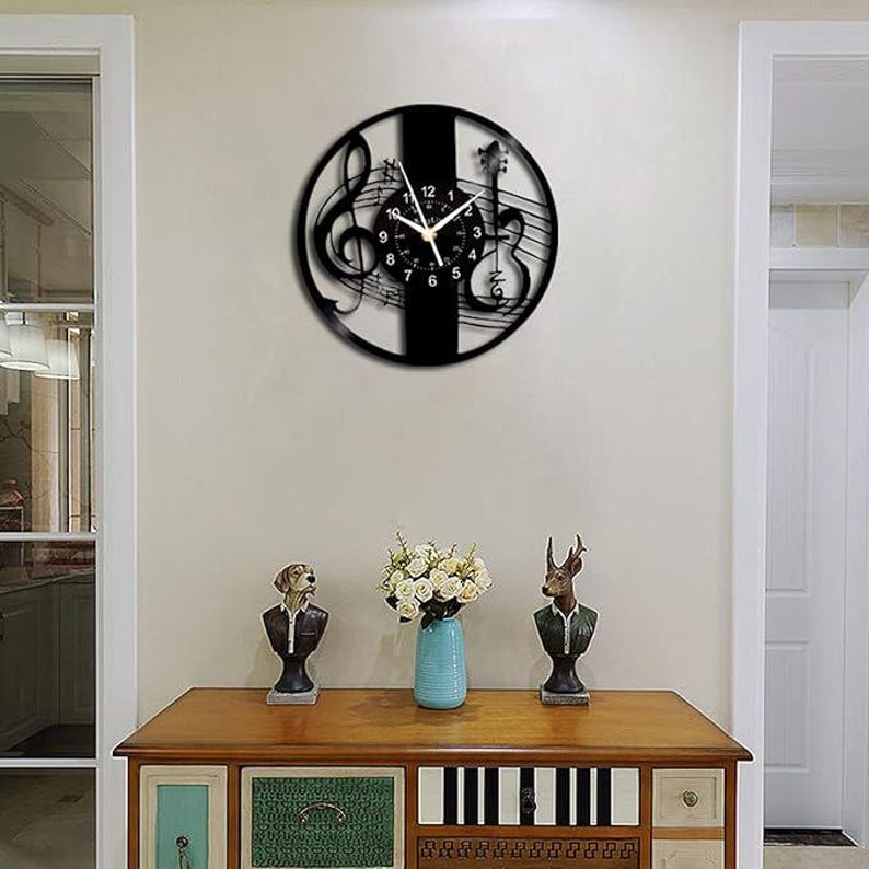 Musical Notes Vinyl Record Clock, Violin Wall Art, Music Bedroom Decor ...