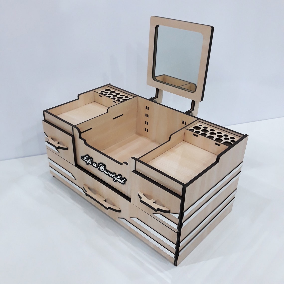 Laser Cut Wooden Makeup Box With Mirror , 3mm 1/8inch Wooden Jewelry ...