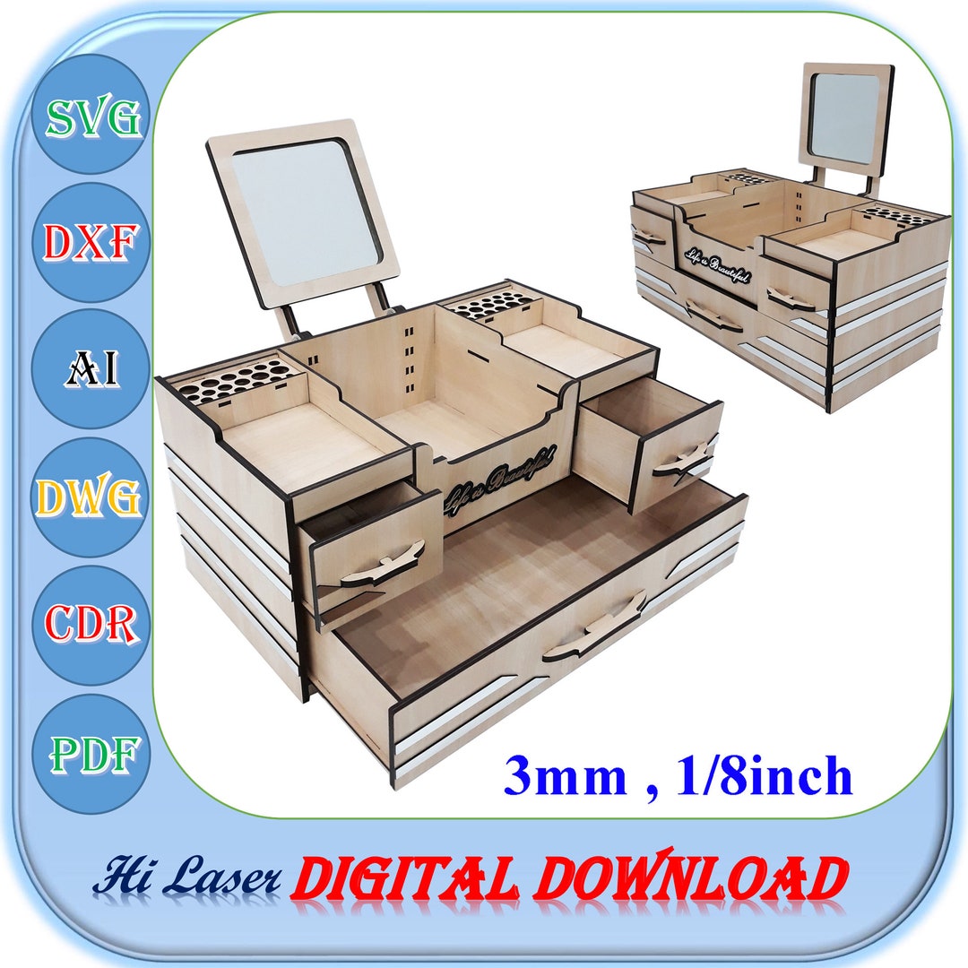 Laser Cut Wooden Makeup Box With Mirror , 3mm 1/8inch Wooden Jewelry ...