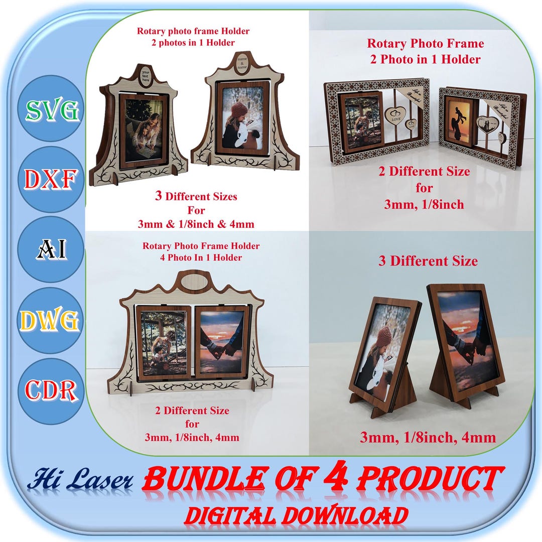 Bundle of 4 Photo Frame With Holder Svg Dxf Ai, 3mm 1/8inch 4mm Laser ...