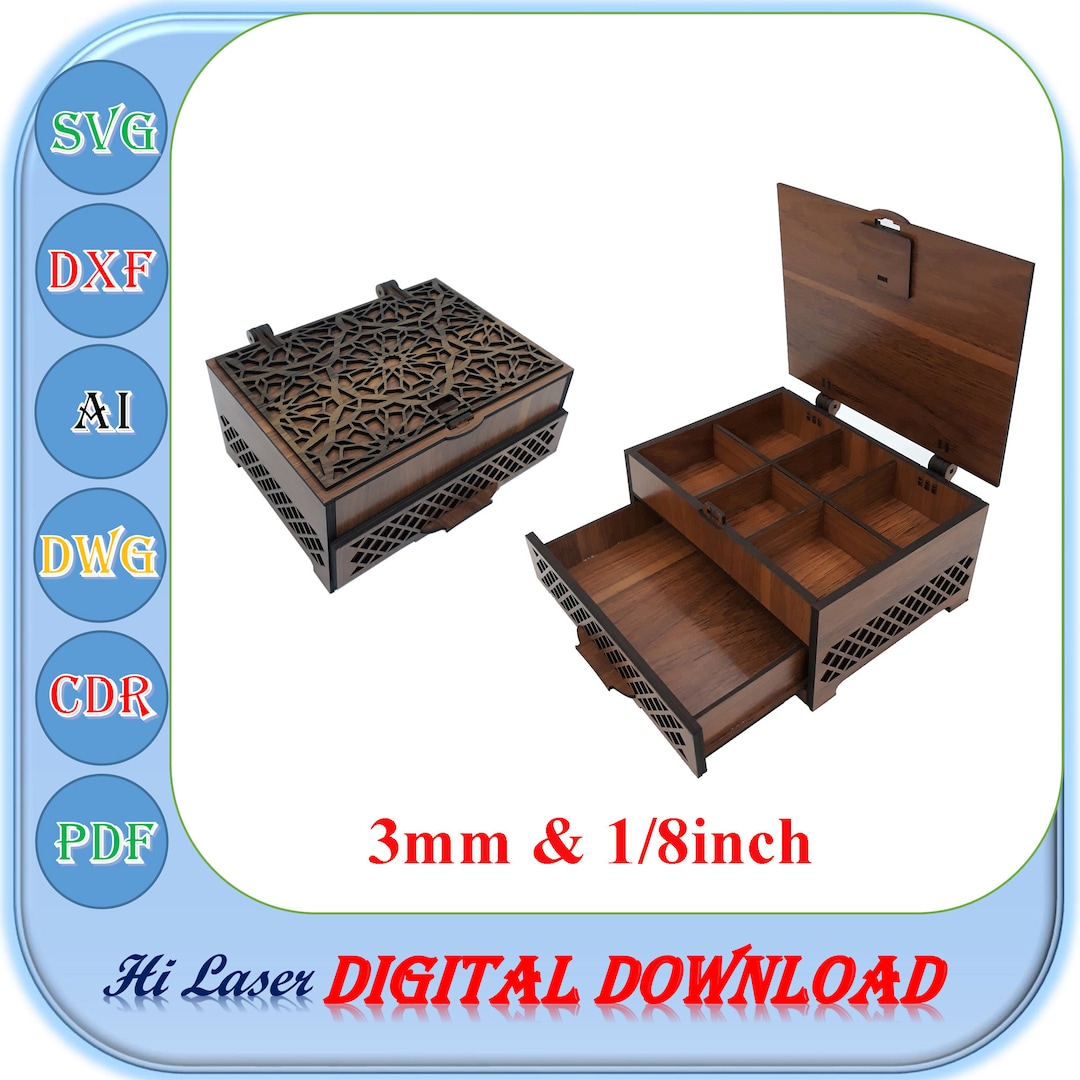 Wooden Jewelry Box Svg Dxf With Drawer and Sliding Lock, 3mm 1/8inch ...