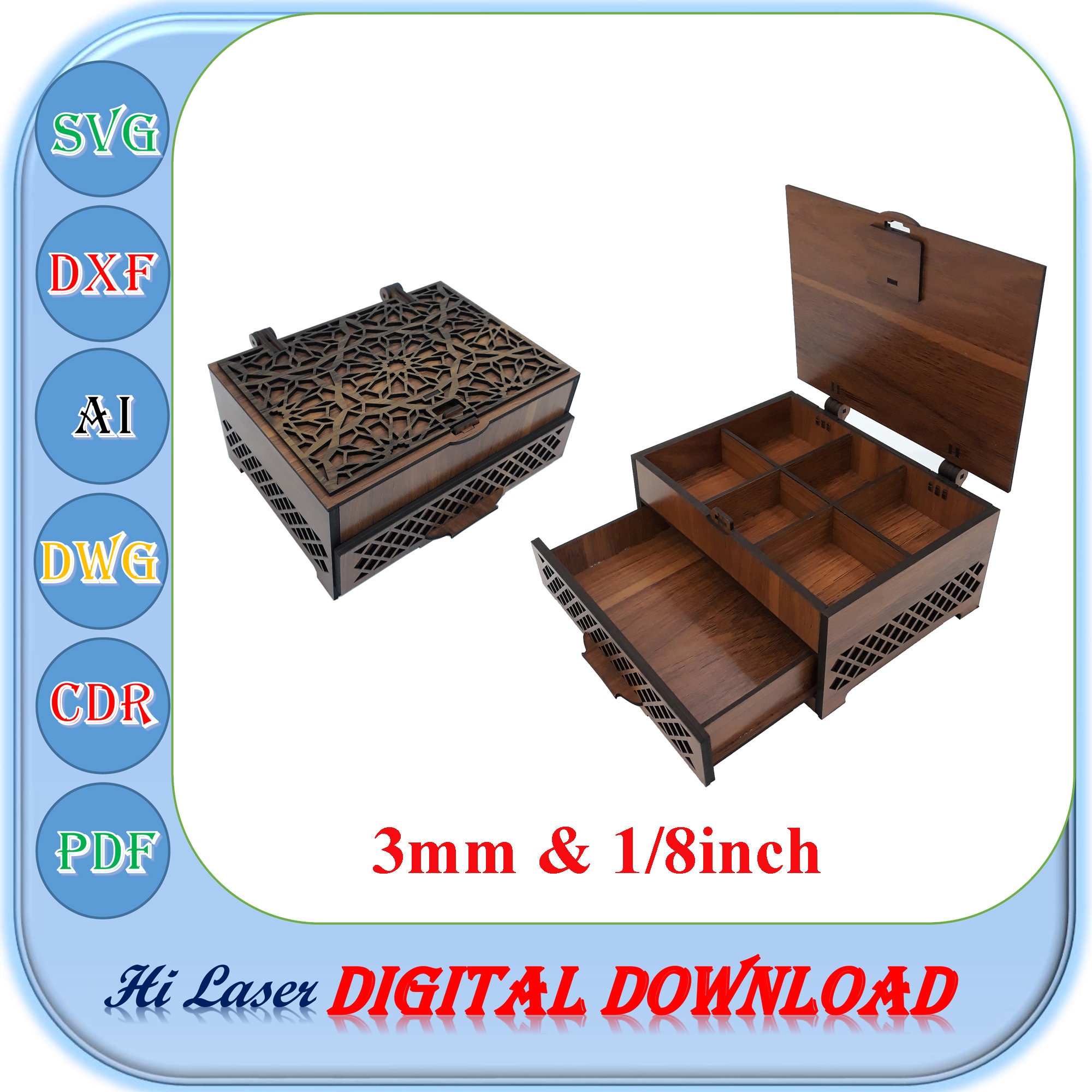 Wooden Jewelry Box Svg Dxf With Drawer and Sliding Lock, 3mm 1/8inch ...
