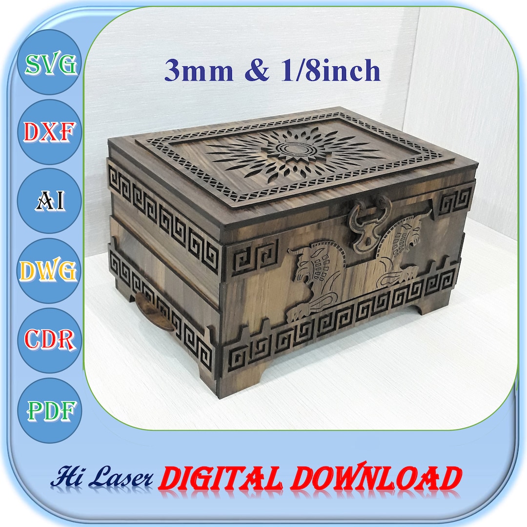 3mm 1/8 Inch Jewelry Box Svg Dxf File, Wooden Jewelry Box With 2 Drawer ...