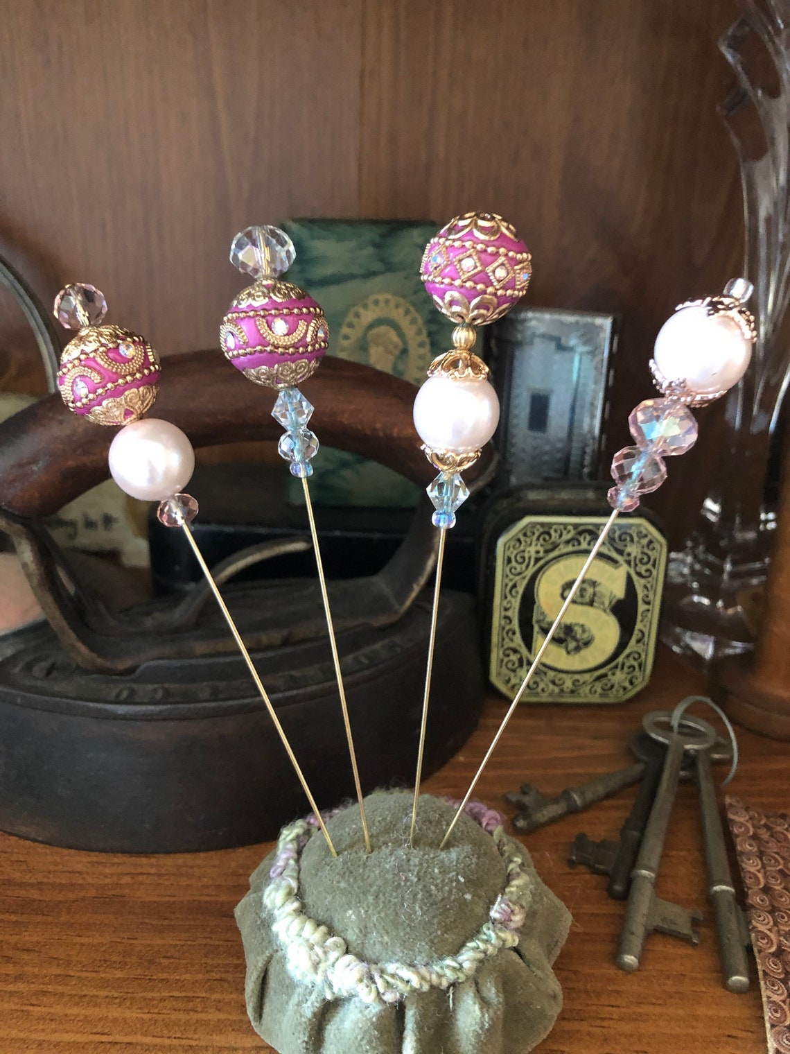 Victorian Style Six Inch Hat Pins Crystal, Faux Pearls, Gold,indonesian ...