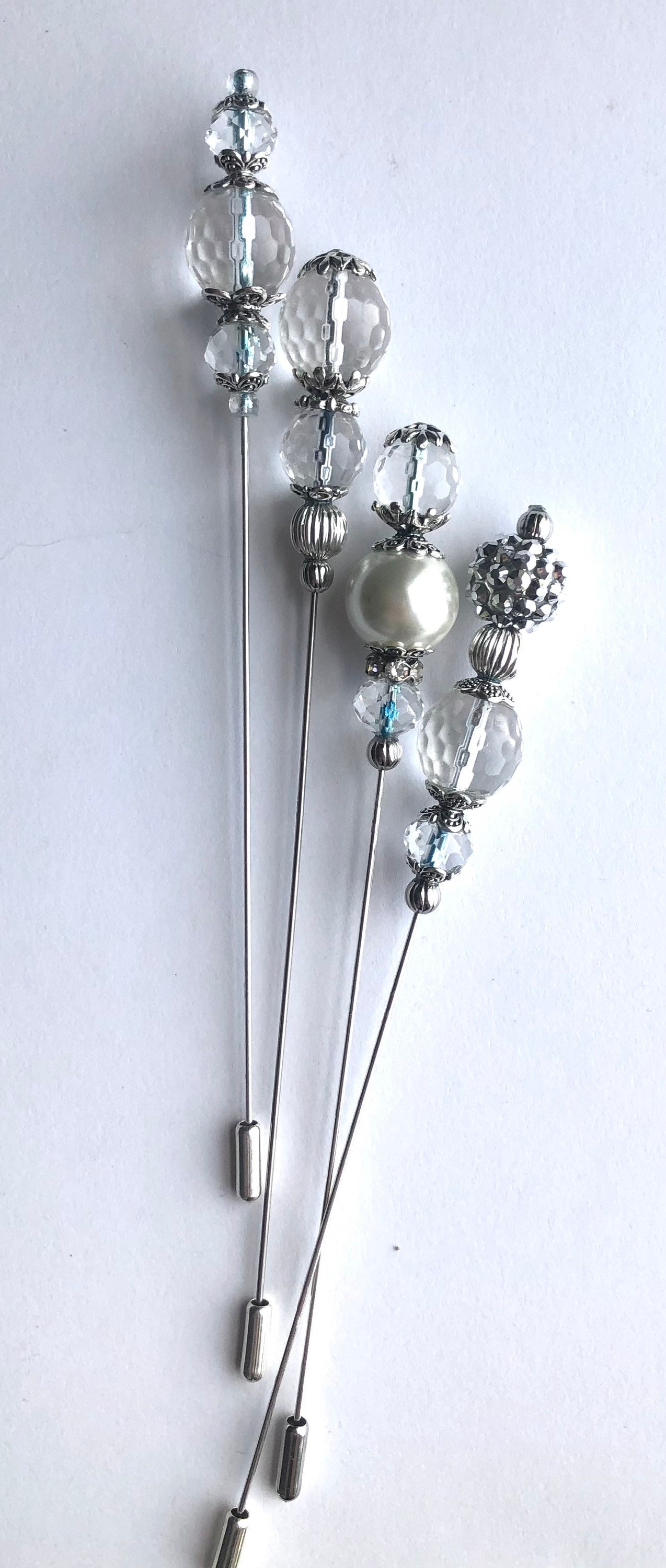 Victorian Style Six Inch Hat Pins Crystal Faux Pearls Silver Etsy