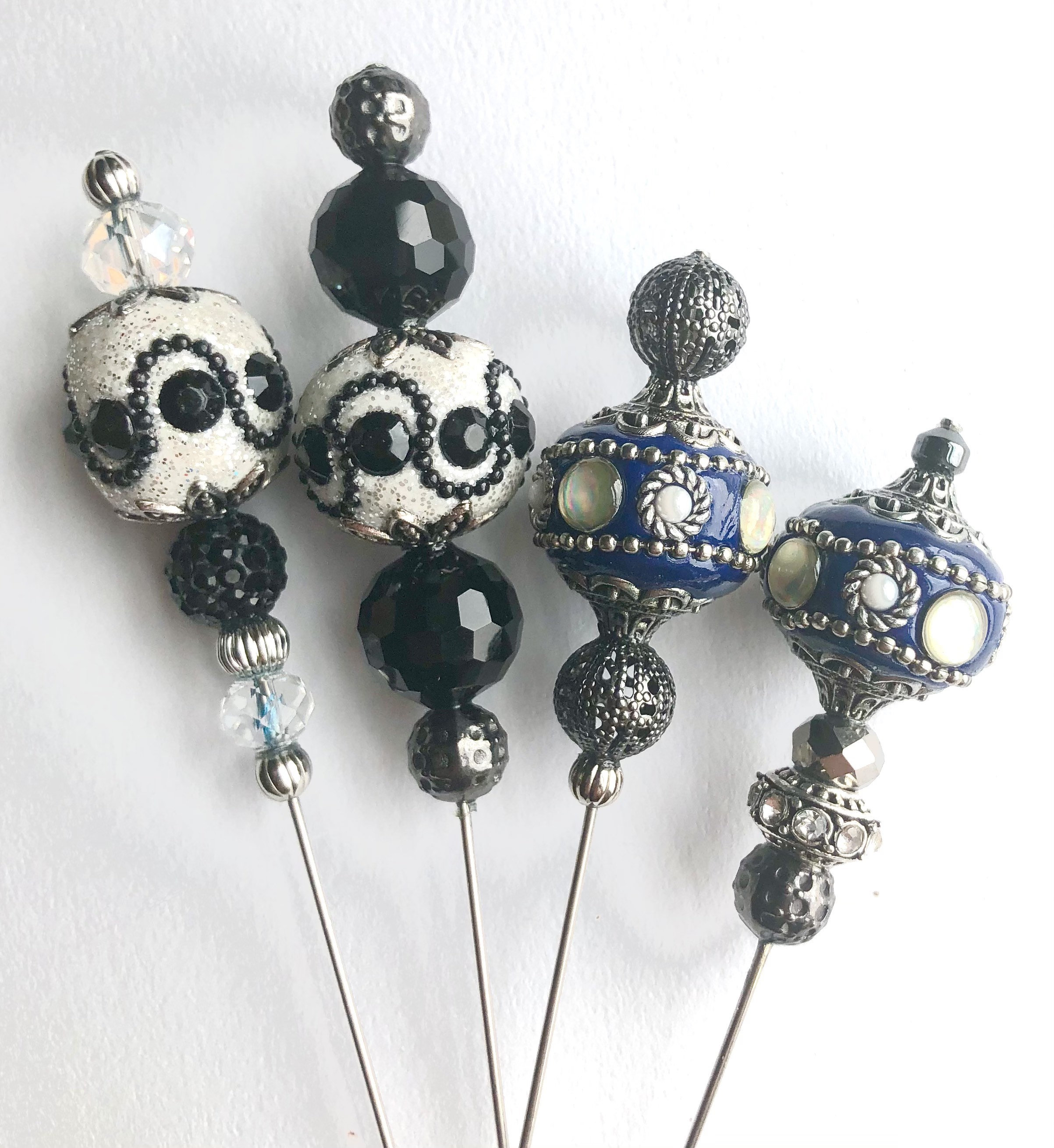 Victorian Style Six Inch Hat Pins Black and White, Navy Blue Glass ...